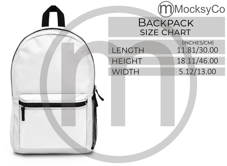 MWW Backpack AOP Size Chart, All Over Print Mockup, Imperial Metric ...