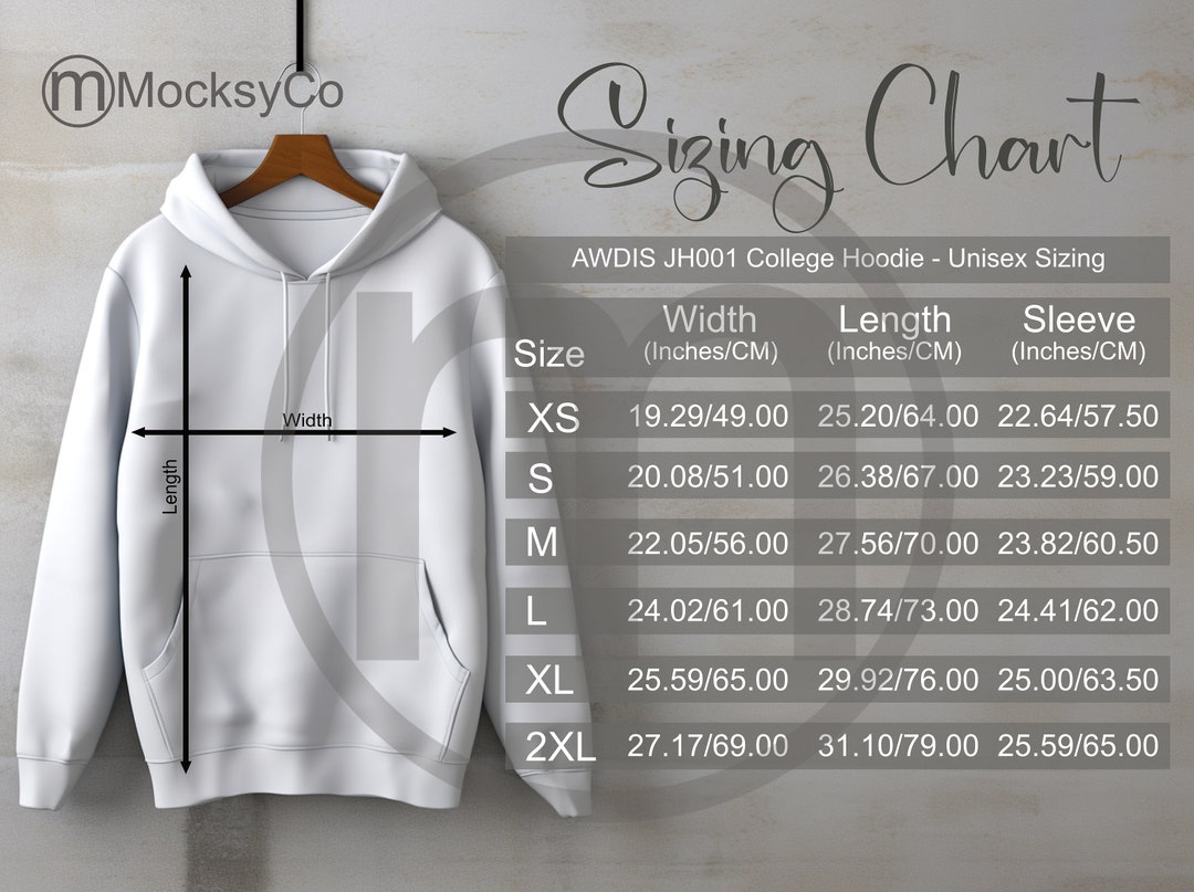 AWDIS JH001 College Hoodie Sizing Cart, Unisex Mockup, Imperial and ...