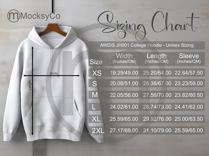 AWDIS JH001 College Hoodie Sizing Cart, Unisex Mockup, Imperial and ...