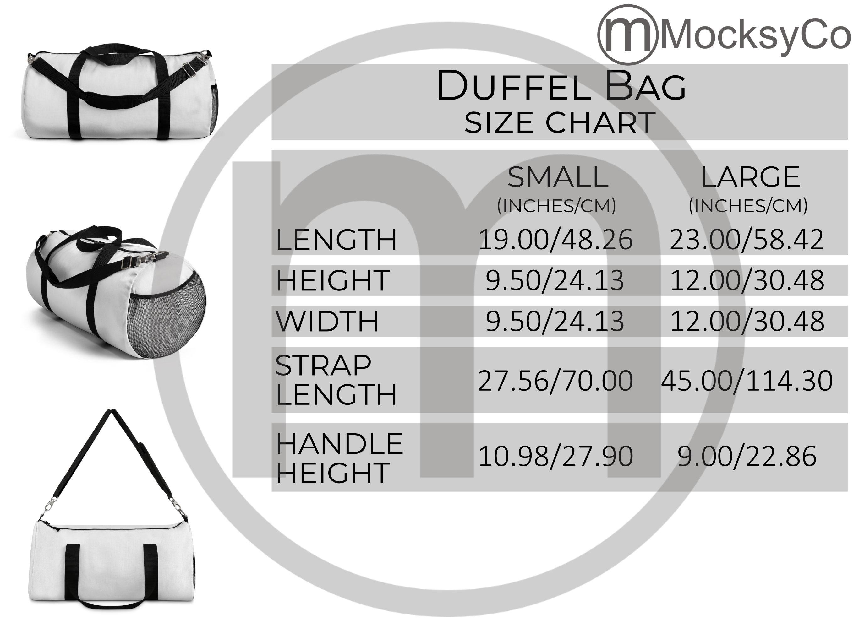 MWW Duffel Bag AOP Size Chart, All Over Print Mockup, Imperial Metric ...