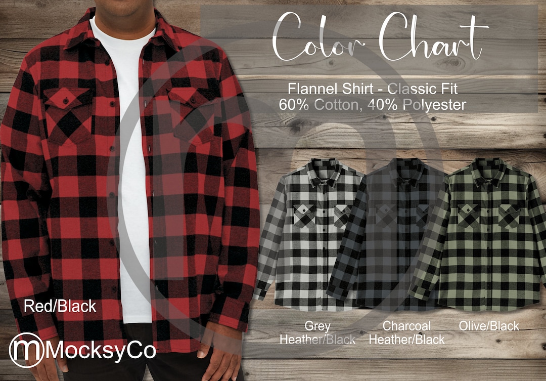 Dimona Tee Unisex Flannel Shirt Color Chart Mockup, Red Grey Charcoal ...