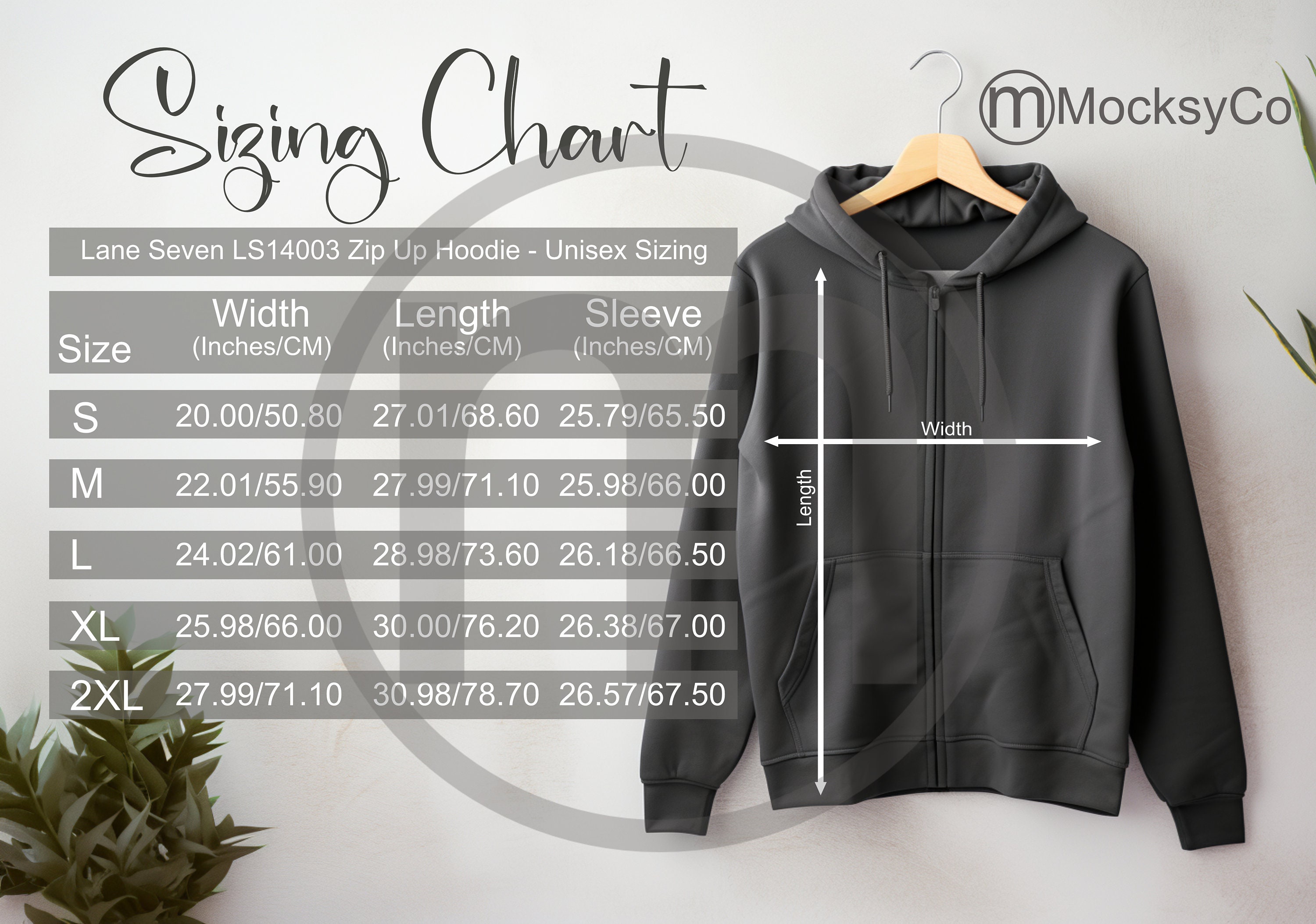 Lane Seven LS14003 Zip up Hoodie Sizing Cart, Unisex Mockup, Imperial and Metric Sizes Included ...