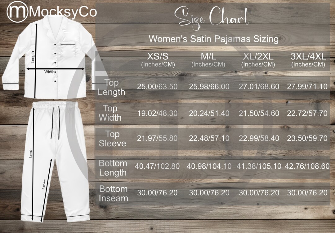 Subliminator Women's Satin Pajamas AOP Size Chart All Over Print Mockup ...