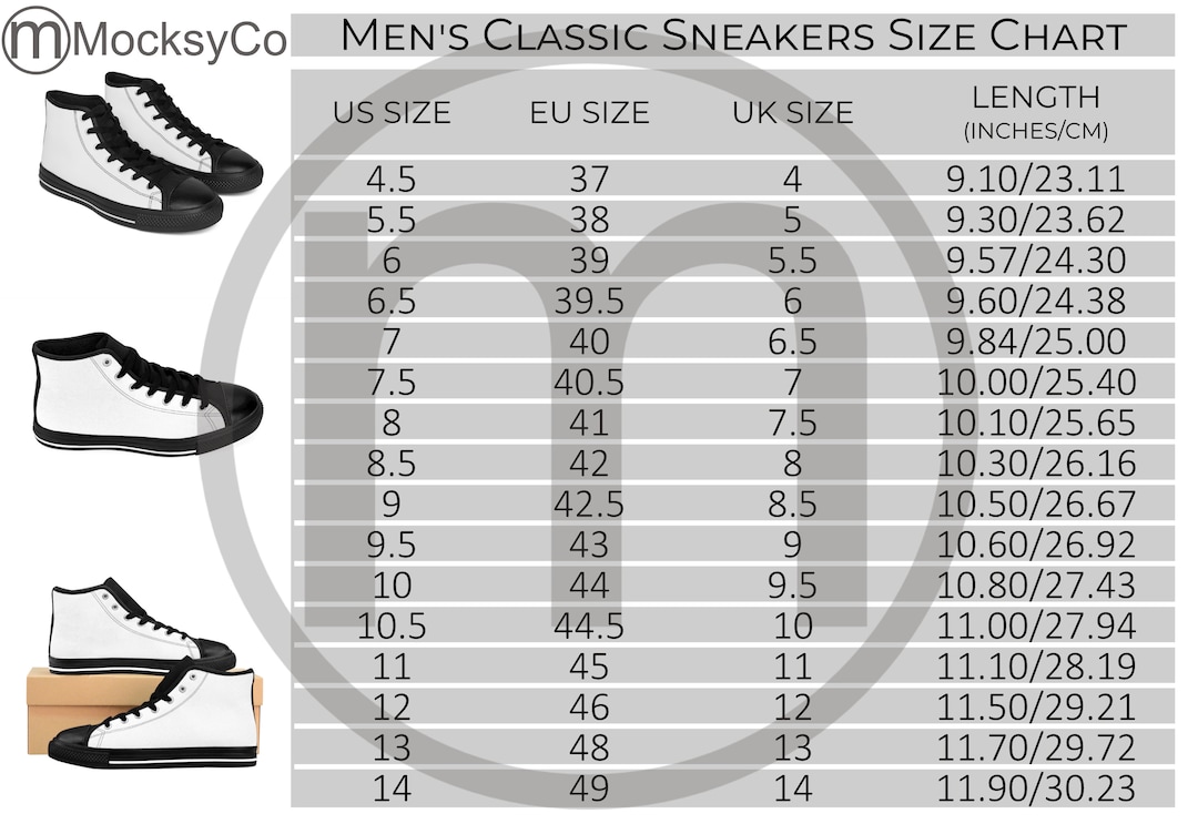 Artsadd Men's Classic Sneakers AOP Size Chart All Over Print Mockup ...