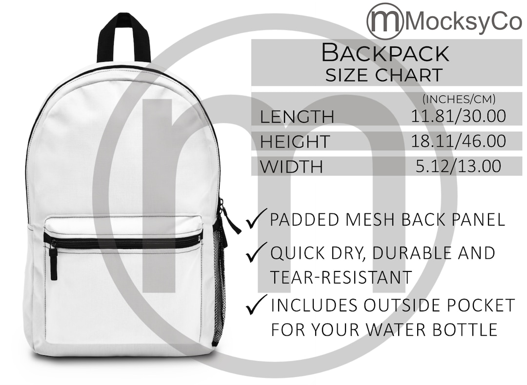 MWW Backpack AOP Size Chart, All Over Print Mockup, Imperial Metric ...