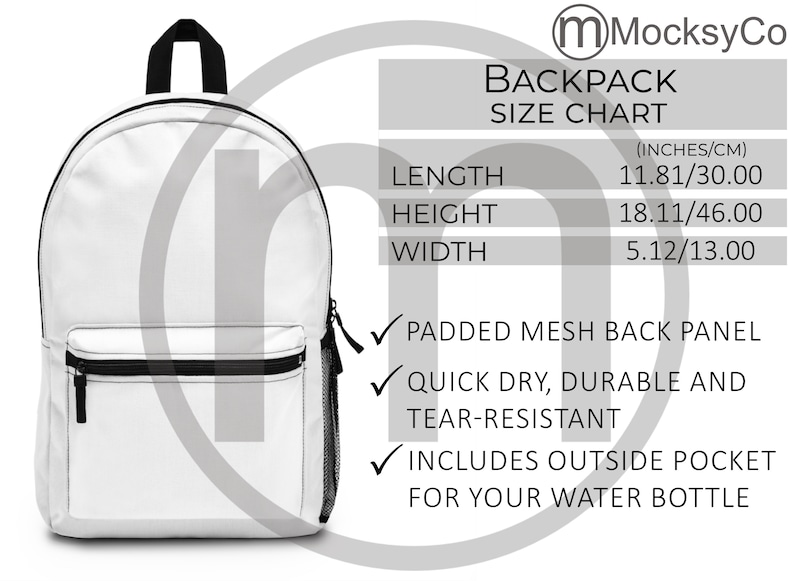 MWW Backpack AOP Size Chart, All Over Print Mockup, Imperial Metric ...