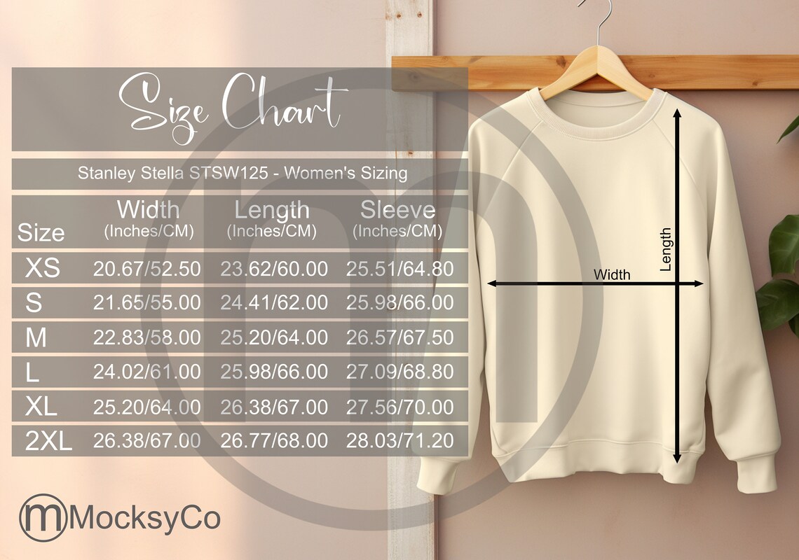 Stanley Stella STSU125 Sweater Sizing Chart, Unisex Mockup, Imperial ...
