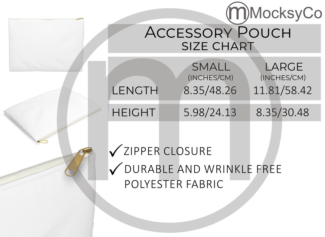 MWW Accessory Pouch AOP Size Chart, All Over Print Mockup, Imperial ...