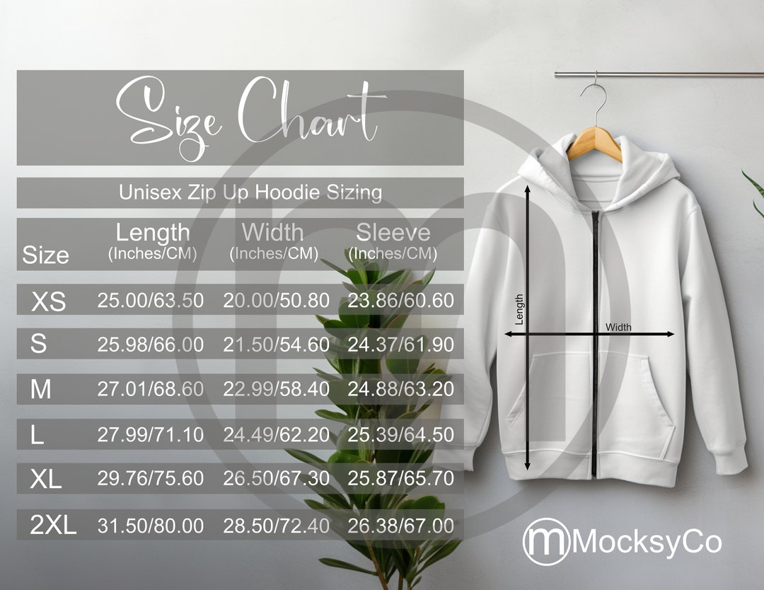 MWW Unisex Zip up Hoodie AOP Size Chart, All Over Print Mockup ...