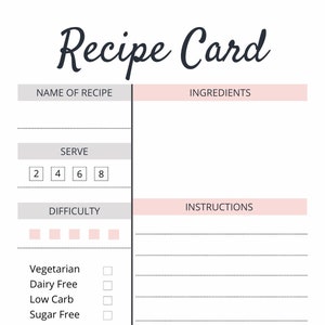 Recipe Card- Downloadable Printable Customizable Editable Blank Recipe ...