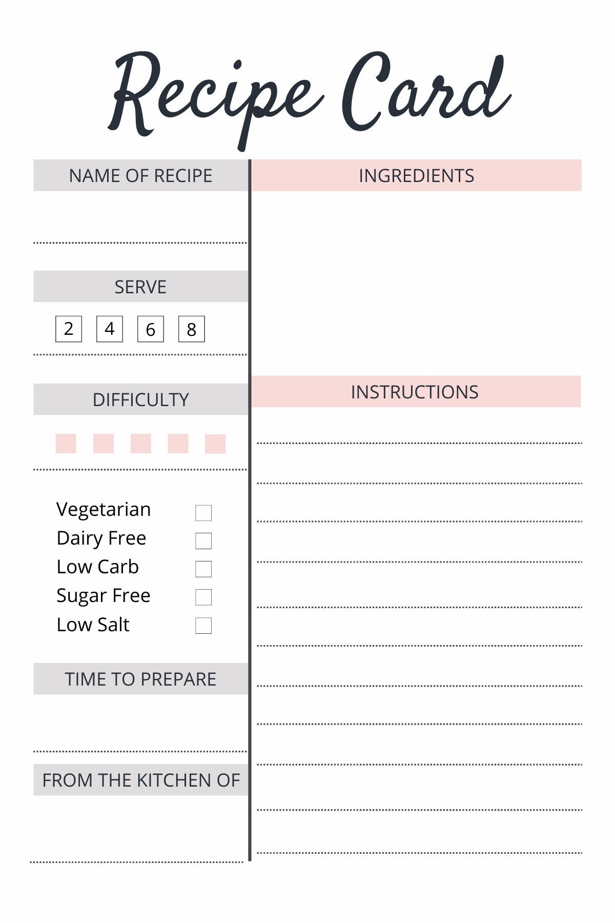 Recipe Card- Downloadable Printable Customizable Editable Blank Recipe ...