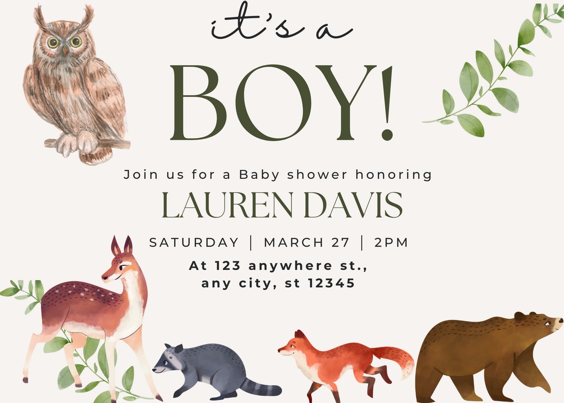 Baby Shower Invitation- Baby Boy- Animal Theme- Customizable Editable ...