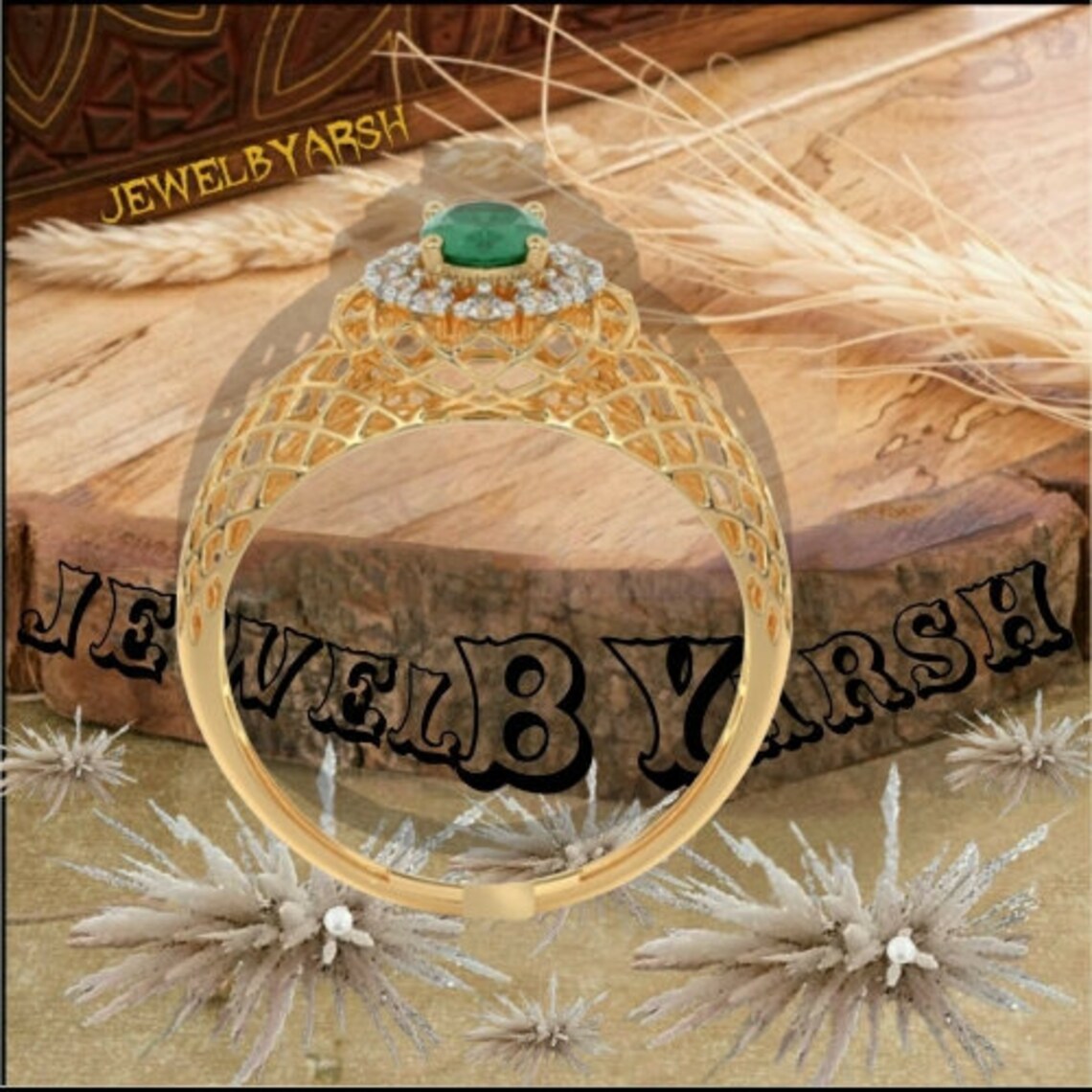 Vintage Jali Pattern Ring, Oval Emerald Ring, Diamond Staking Ring ...