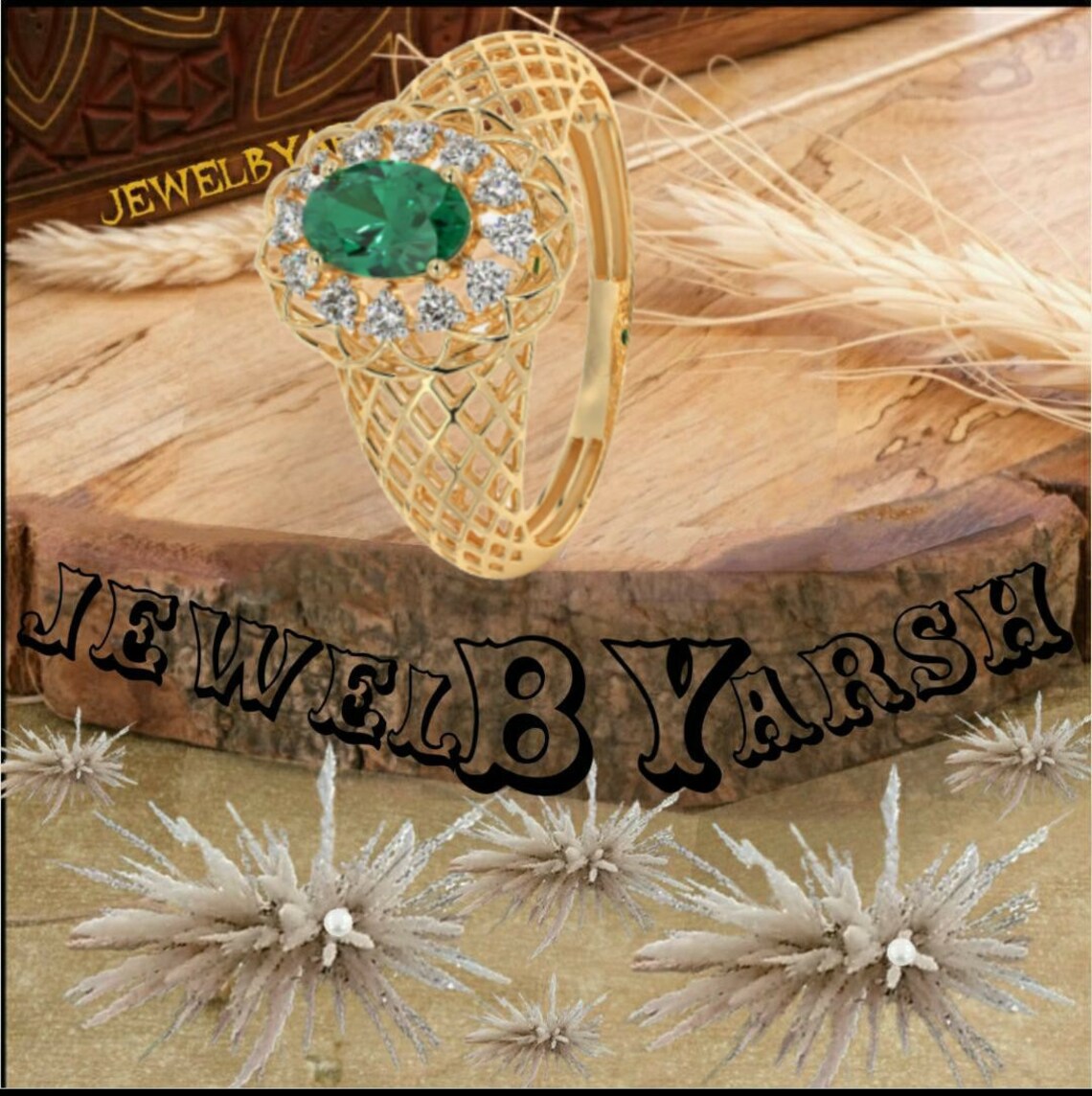 Vintage Jali Pattern Ring, Oval Emerald Ring, Diamond Staking Ring ...