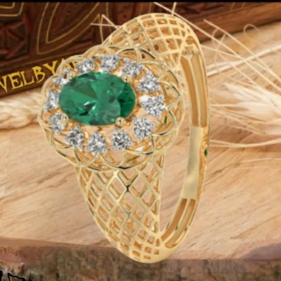 Vintage Jali Pattern Ring, Oval Emerald Ring, Diamond Staking Ring, Wedding Promise Ring ...