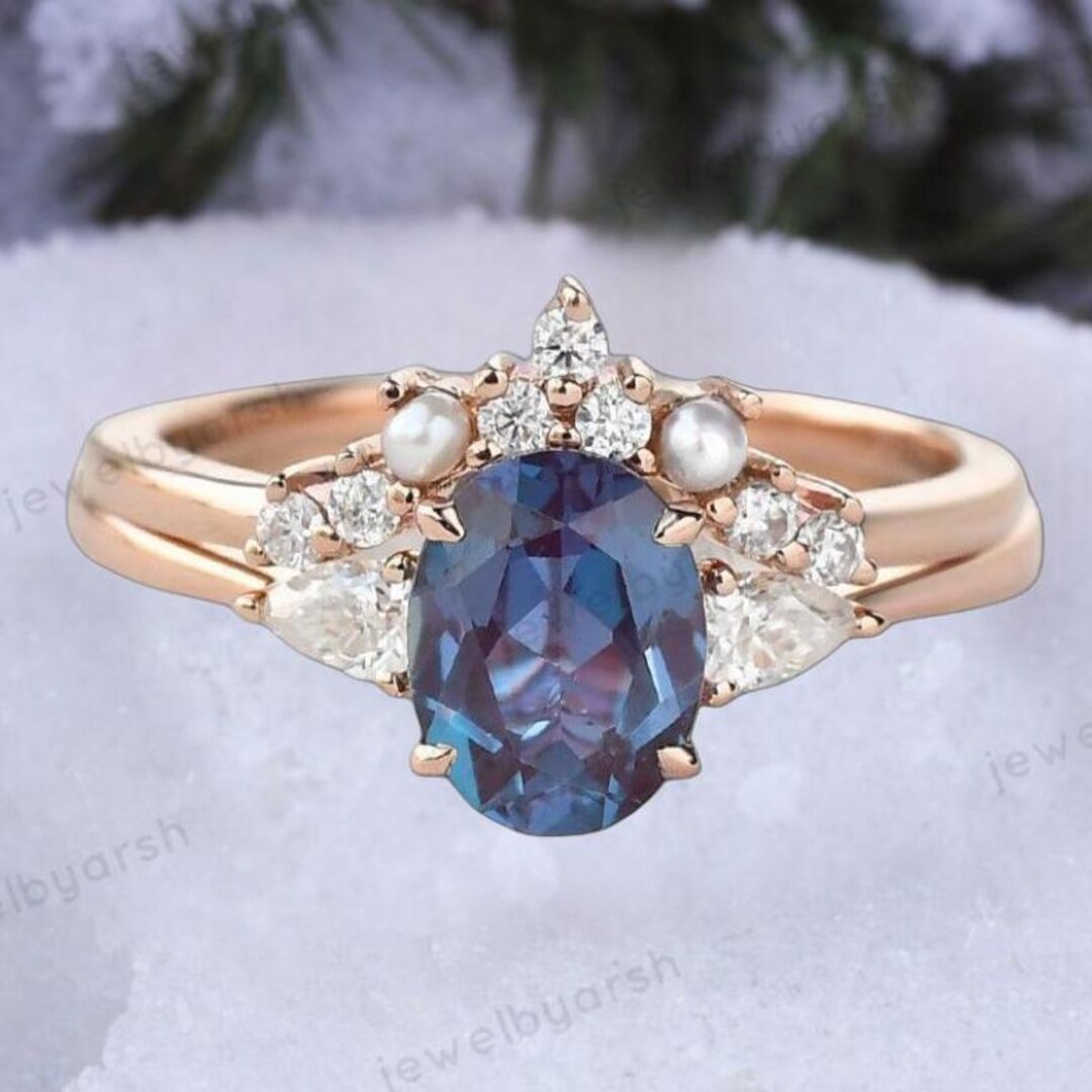 Alexandrite Moissanite Cluster Ring: Rose Gold, Pearl Accents - Etsy