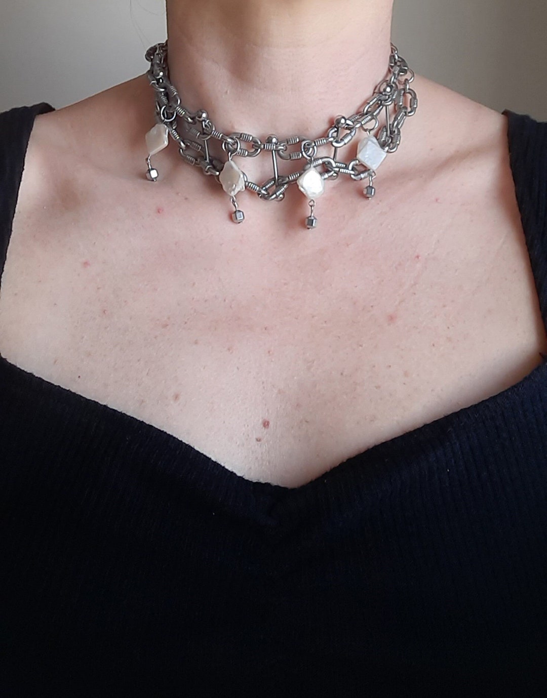 Pearl Chain Choker, Silver Steel Chain, Grunge Punk Choker, Alternative ...