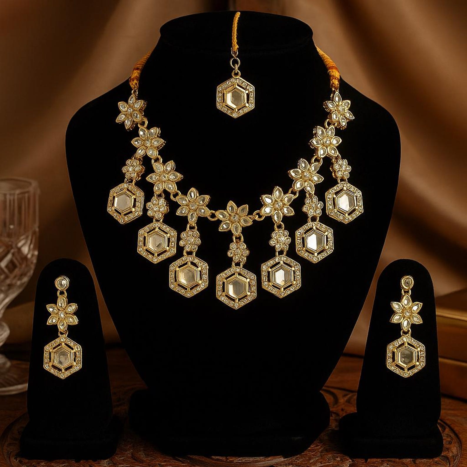 Kundan Polki Bridal Jewelry Set: Gold Plated Indian Necklace, Earrings ...