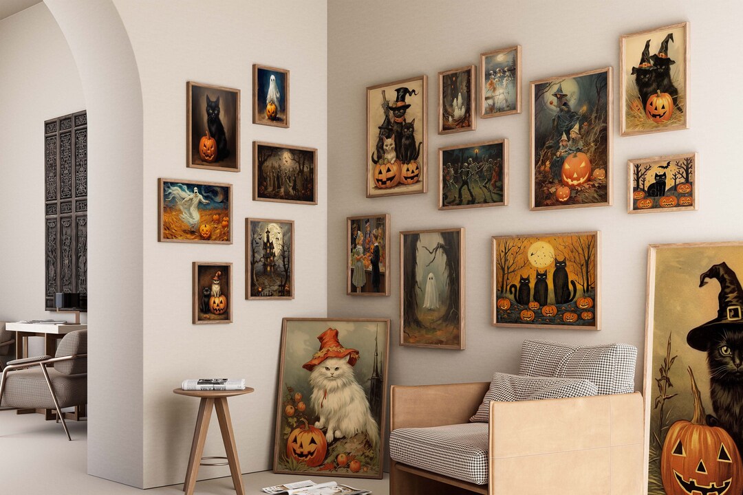 18 Piece Vintage Halloween Printables Wall Art Print Set, Retro, Ghosts ...