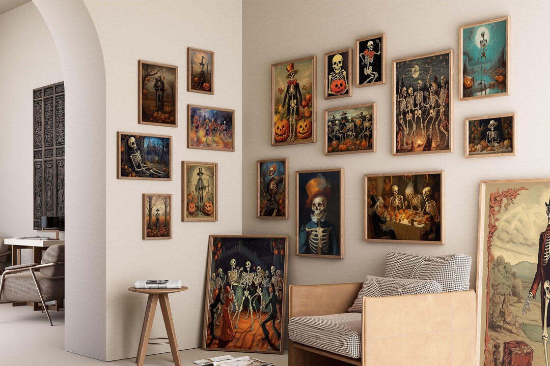 18 Piece Vintage Halloween Skeleton Printables Wall Art Print Set ...