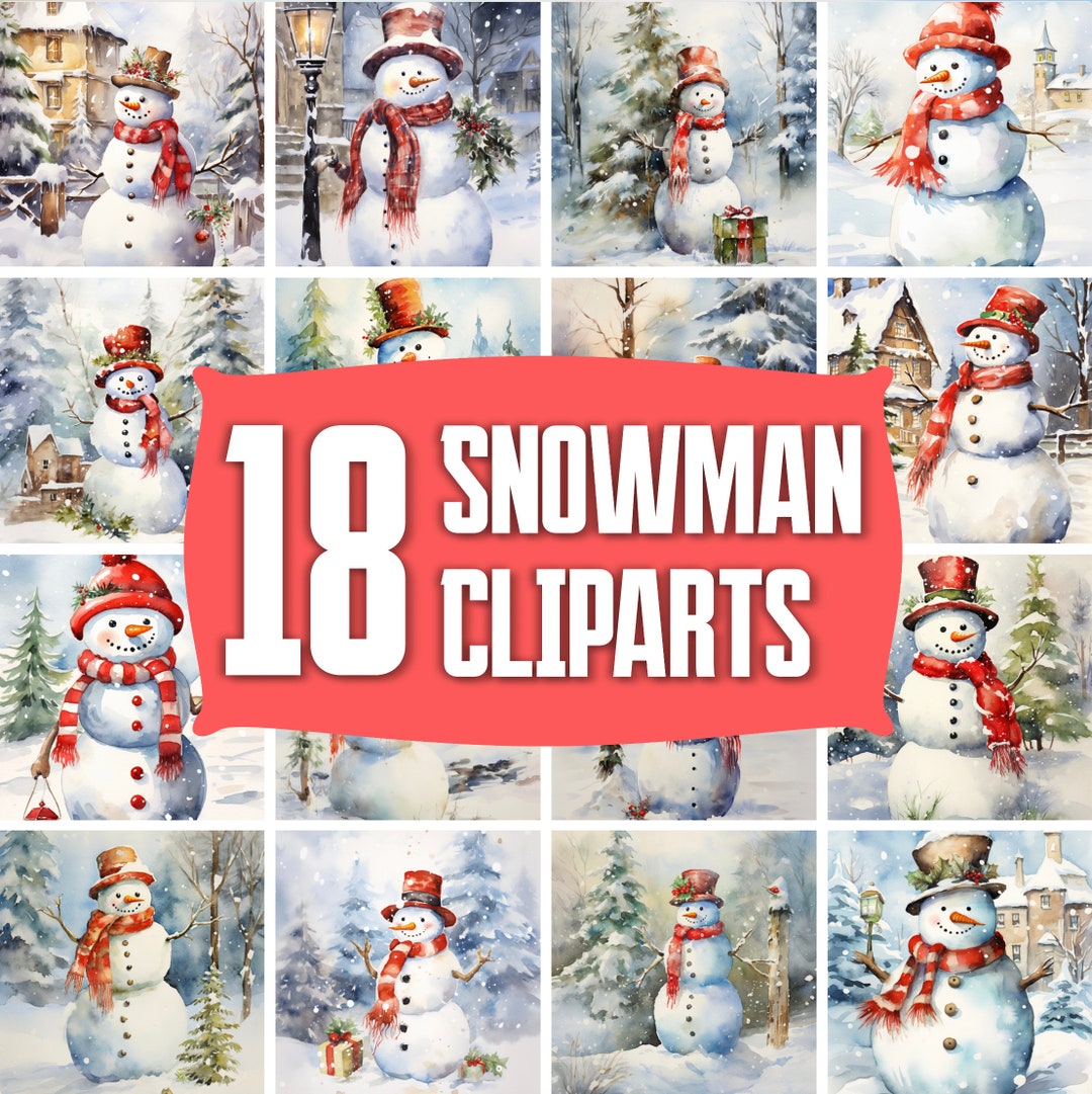 18 Snowmen Portrait Artwork, Clipart Water Colour Jpegs, Christmas ...