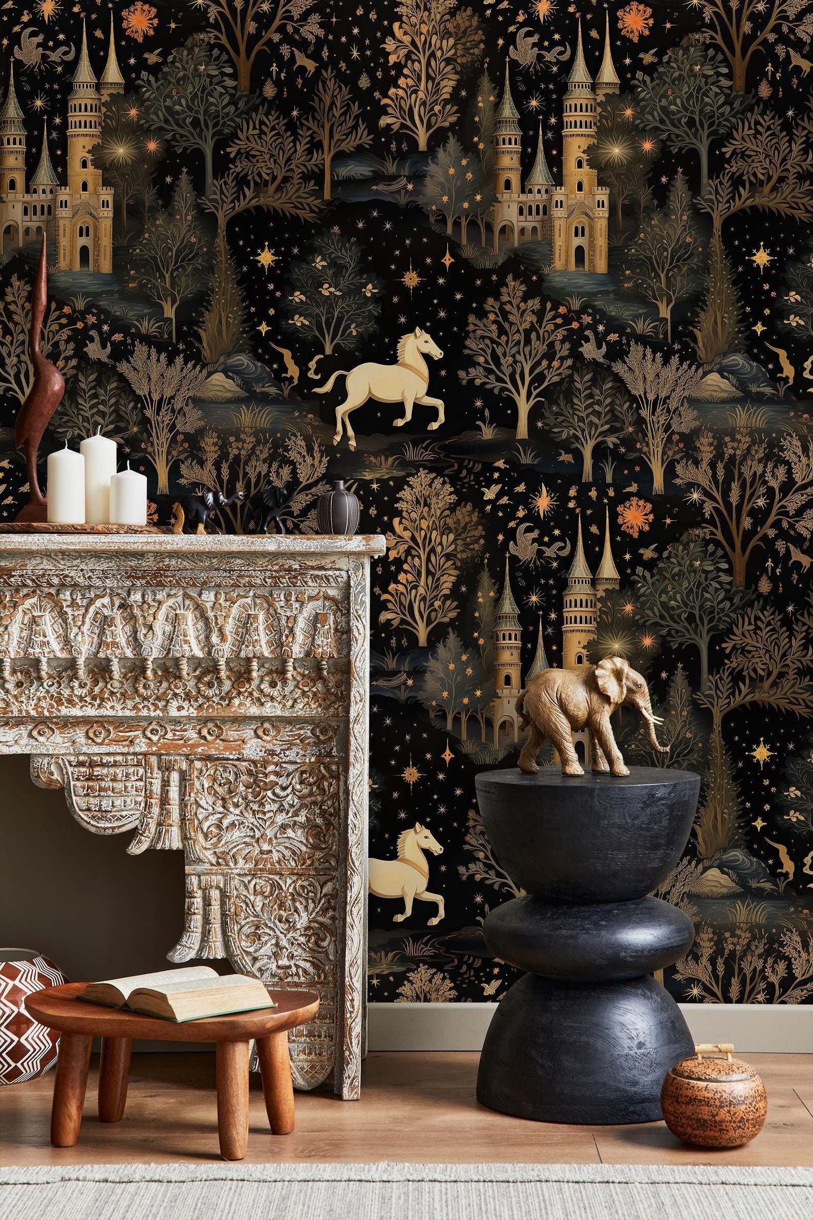 Medieval Secret Garden Wallpaper: Moody Night Theme, Textile Vinyl - Etsy