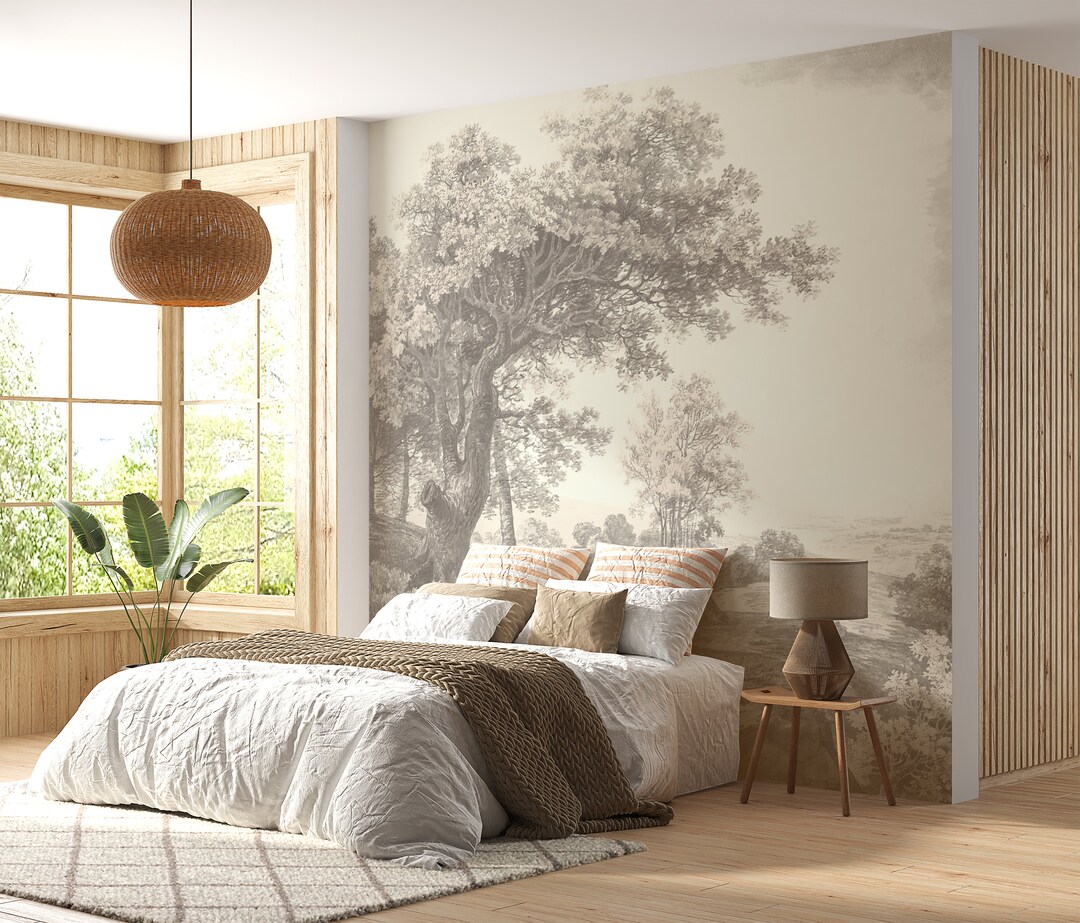 Beige Tree Landscape Wallpaper: Watercolor Scenic Rural Design - Etsy