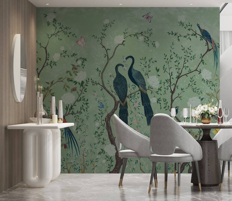 Green Chinoiserie Wallpaper, Vintage Wallpaper, Peacock Wallpaper ...