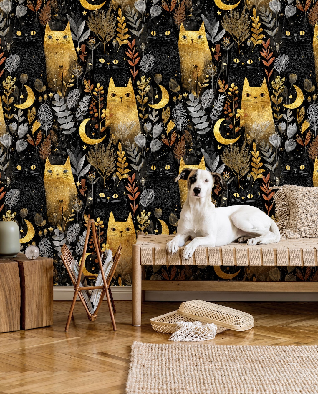 Mystical Black & Gold Cat Wallpaper - Moon Night Botanical Wall Mural ...