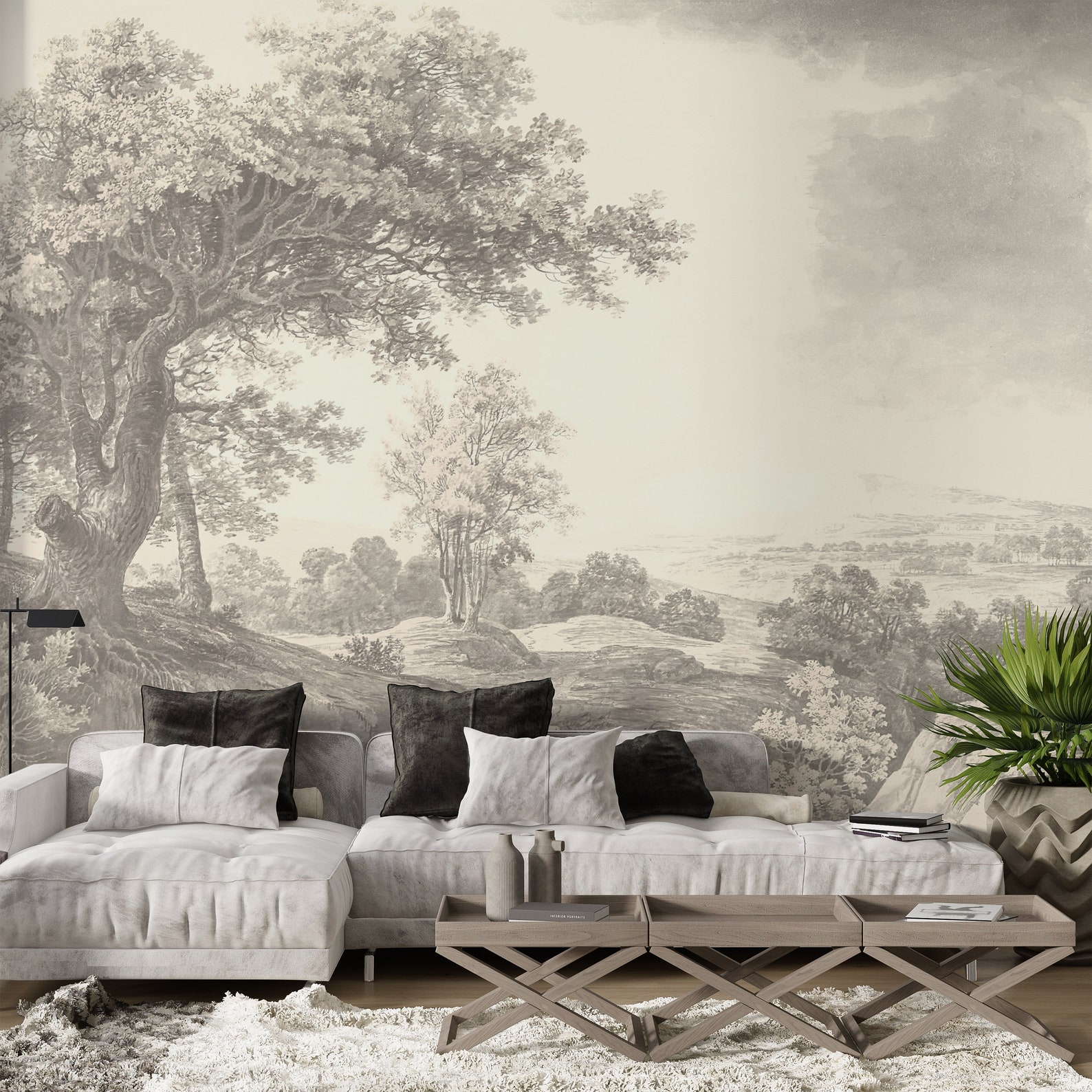 Beige Tree Landscape Wallpaper: Watercolor Scenic Rural Design - Etsy
