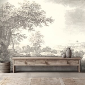 Beige Tree Landscape Wallpaper: Watercolor Scenic Rural Design - Etsy