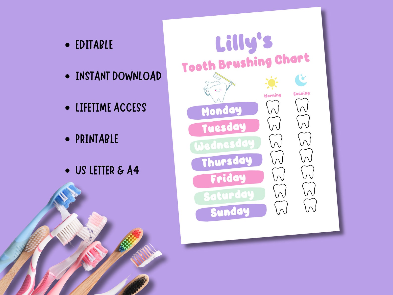 Personalised Printable Tooth Brushing Chart Tooth Brush Chart Kids ...