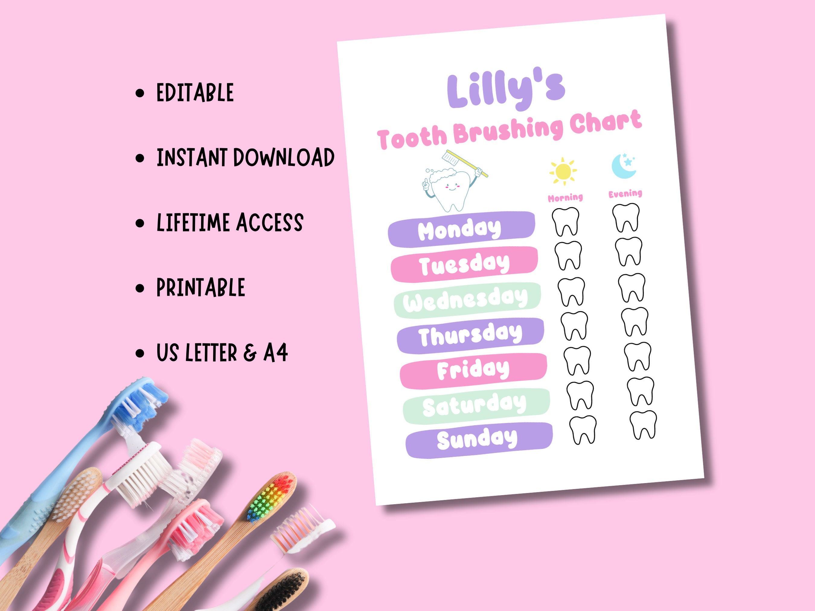 Personalised Printable Tooth Brushing Chart Tooth Brush Chart | Kids ...