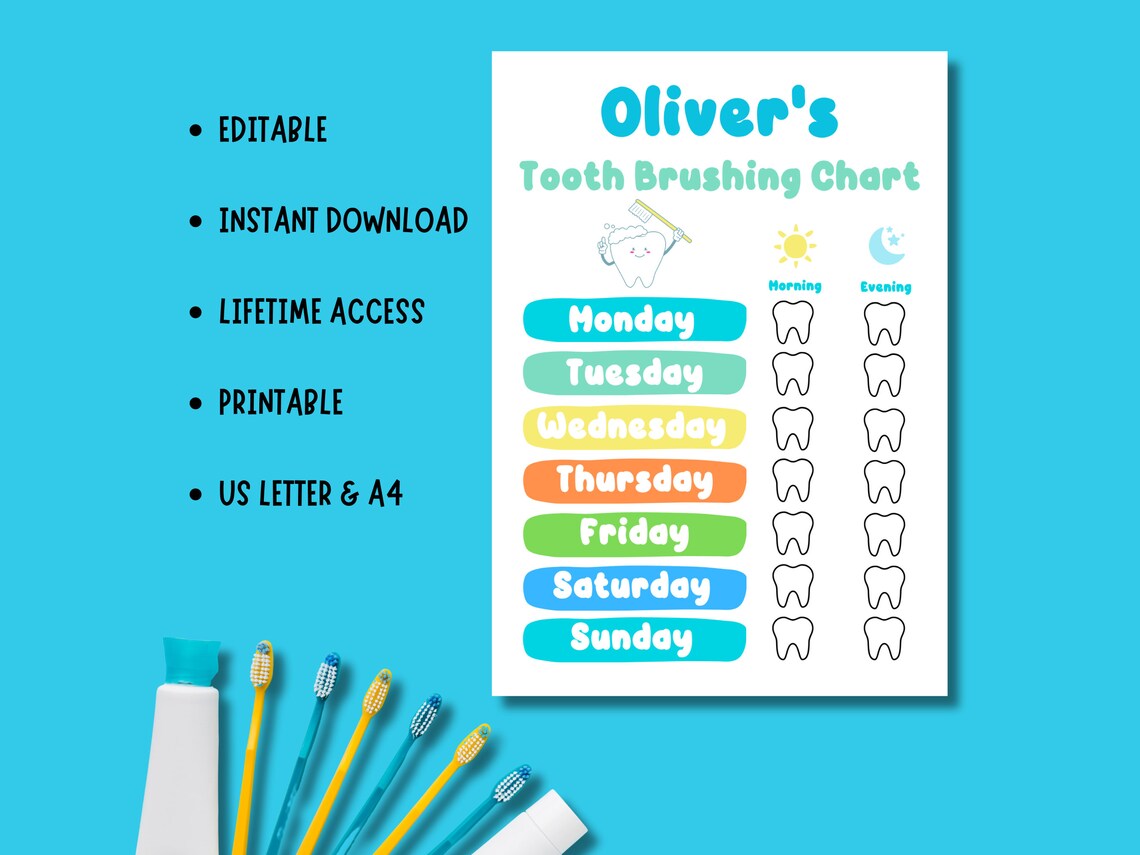 Personalised Printable Tooth Brushing Chart Tooth Brush Chart | Kids ...