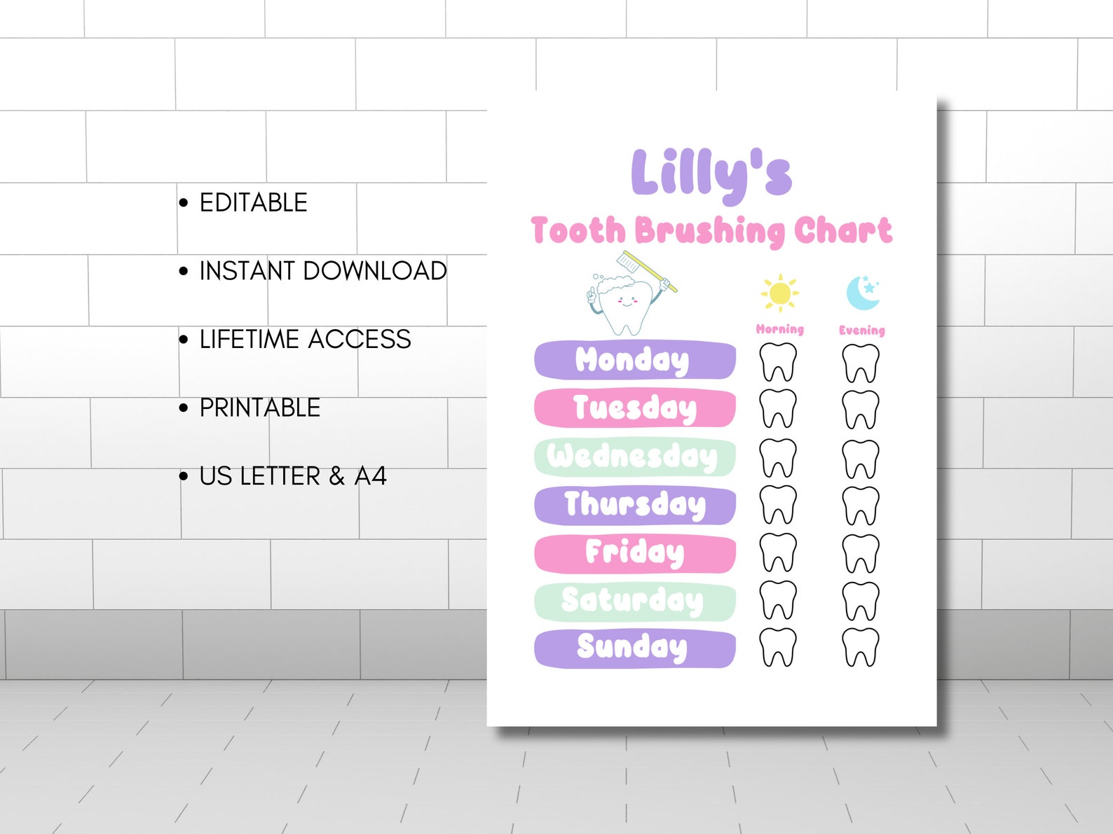 Personalised Printable Tooth Brushing Chart Tooth Brush Chart | Kids ...