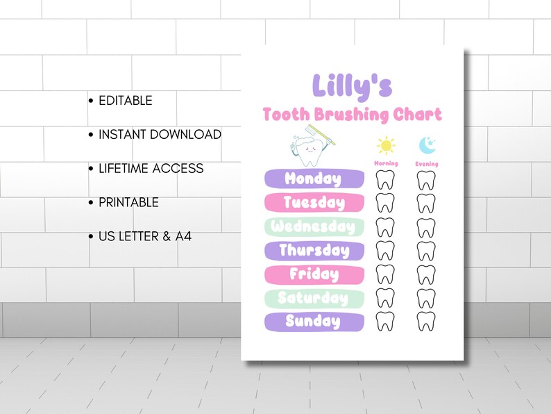 Personalised Printable Tooth Brushing Chart Tooth Brush Chart | Kids ...