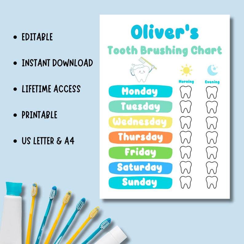 Personalised Printable Tooth Brushing Chart Tooth Brush Chart - Etsy
