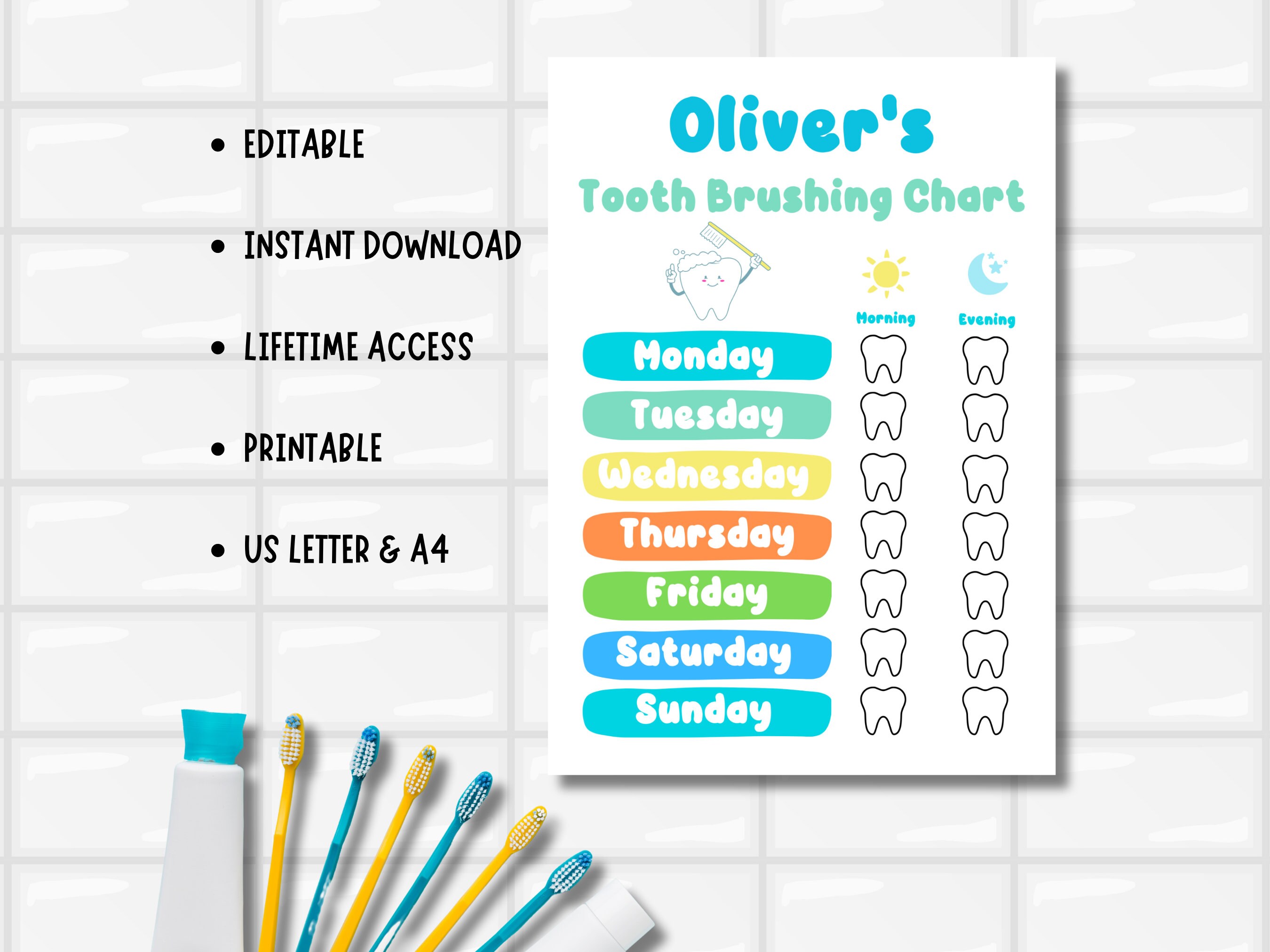 Personalised Printable Tooth Brushing Chart Tooth Brush Chart Kids ...