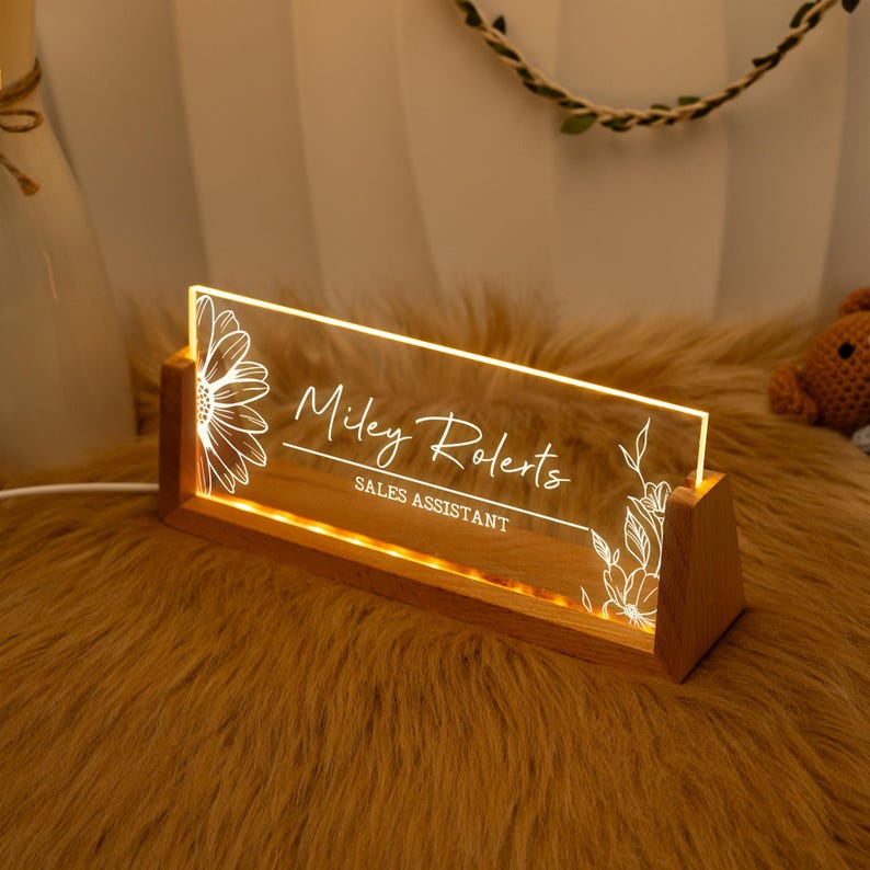 Personalized Lighted Desk Name Plate: Wooden Base, Floral Design - Etsy
