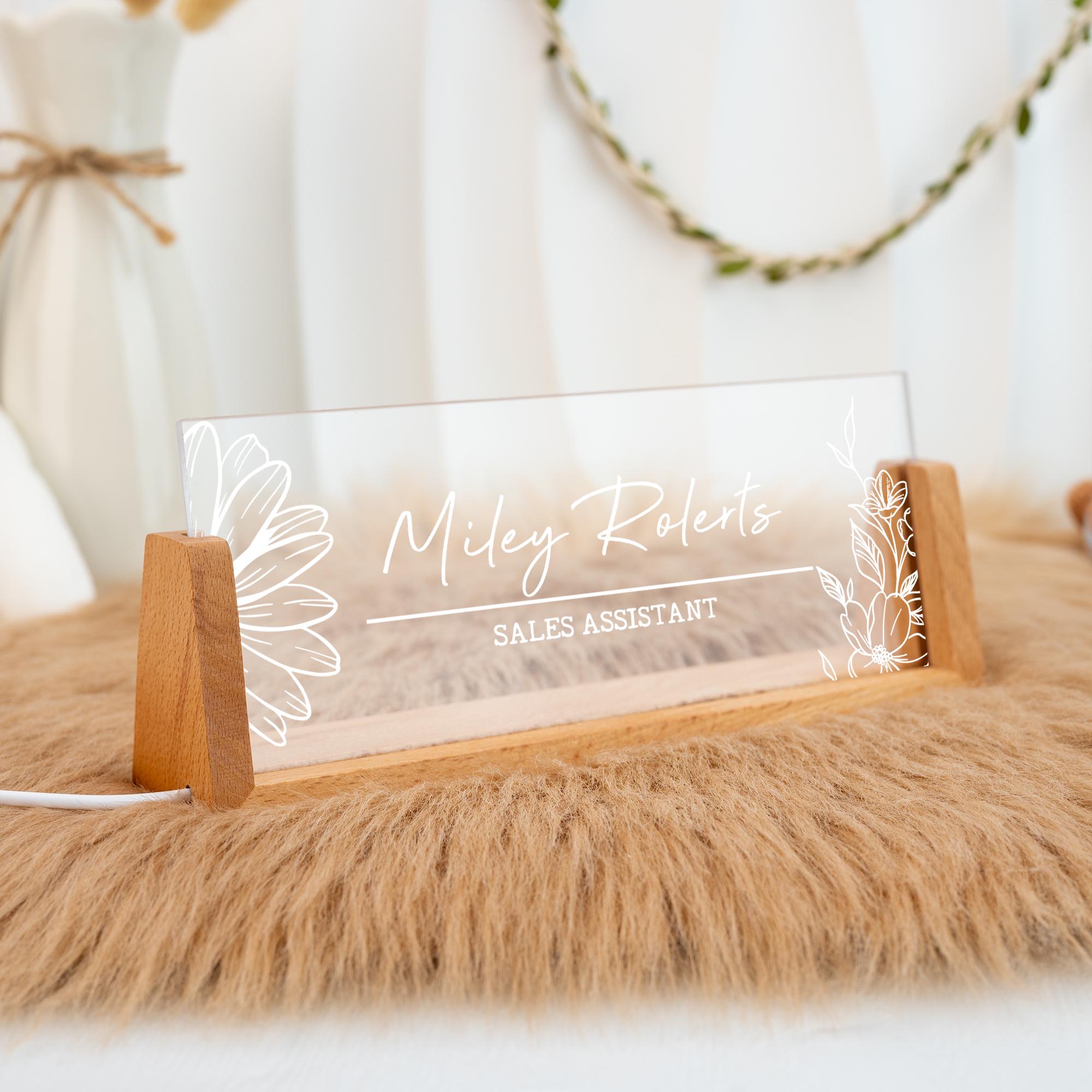 Personalized Lighted Desk Name Plate: Wooden Base, Floral Design - Etsy
