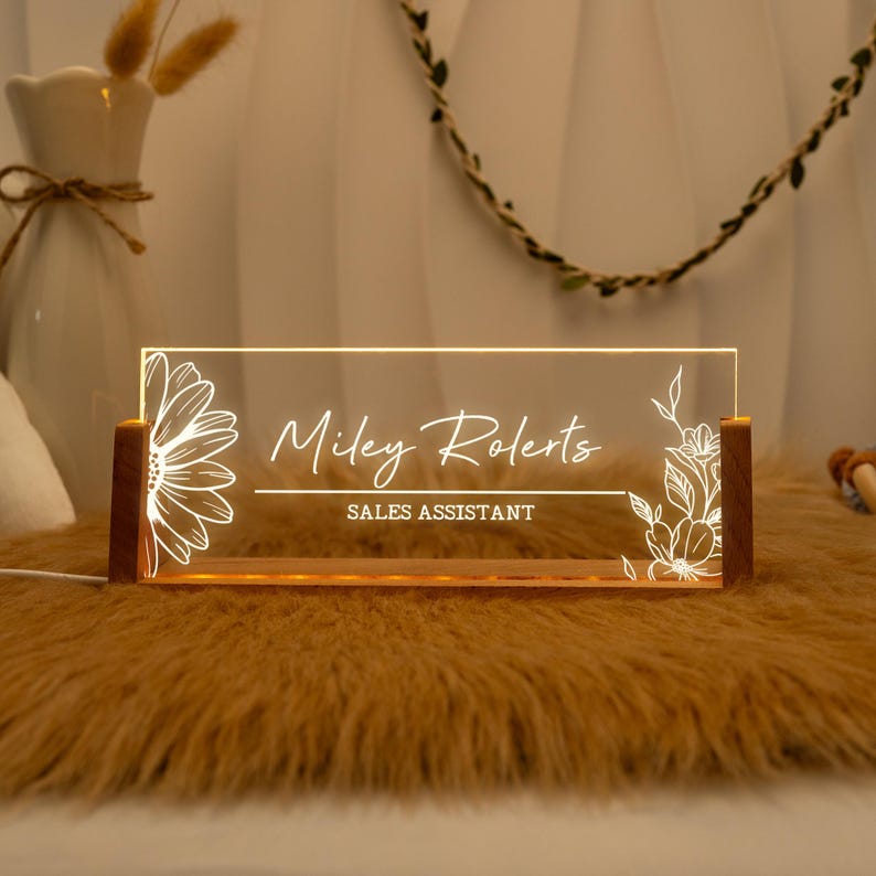 Personalized Lighted Desk Name Plate: Wooden Base, Floral Design - Etsy