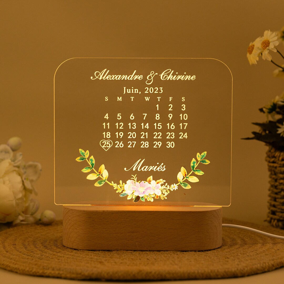 Personalized Calendar Date LED Lamp, Engagement Gift Lamp for Couples ...