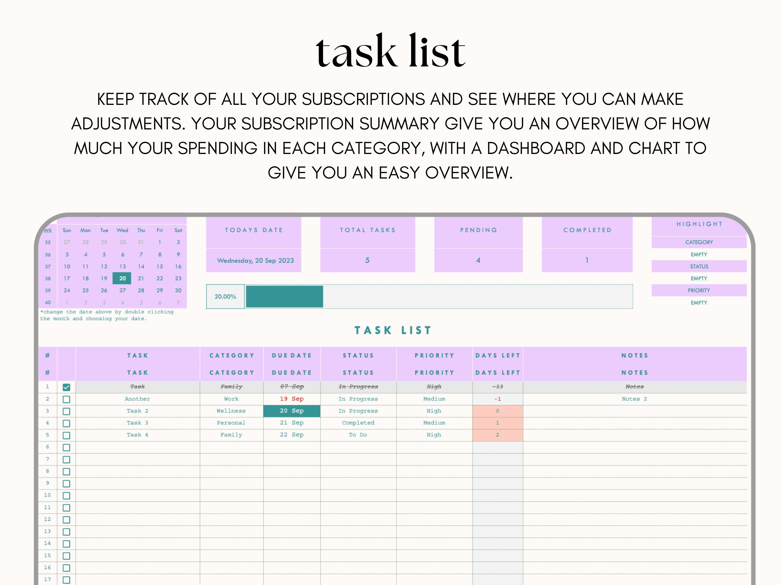 Task List Tracker Planner Template Simple Google Sheets Spreadsheet ...