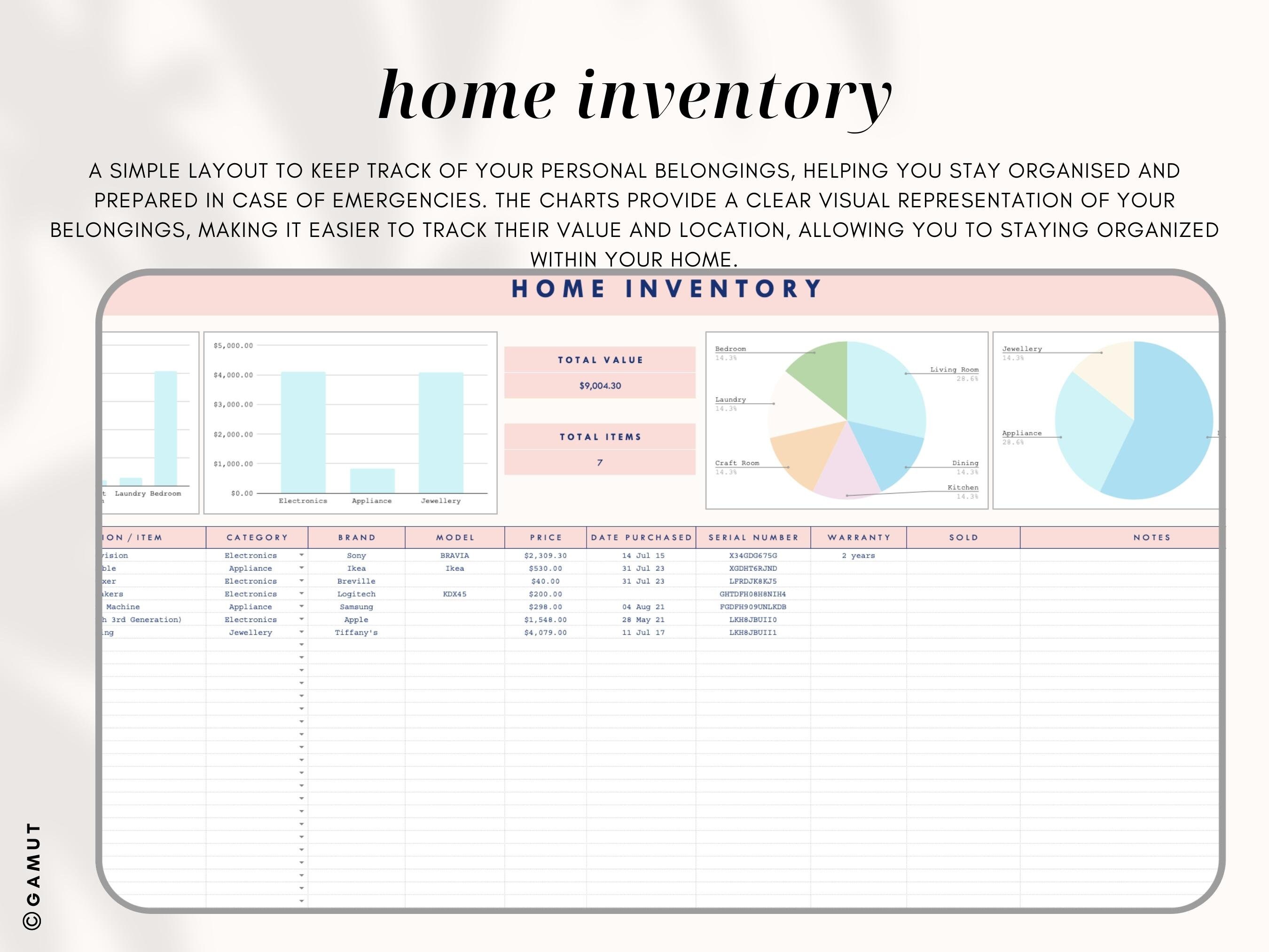Home Inventory Tracker Insurance Simple Google Spreadsheet Serial ...