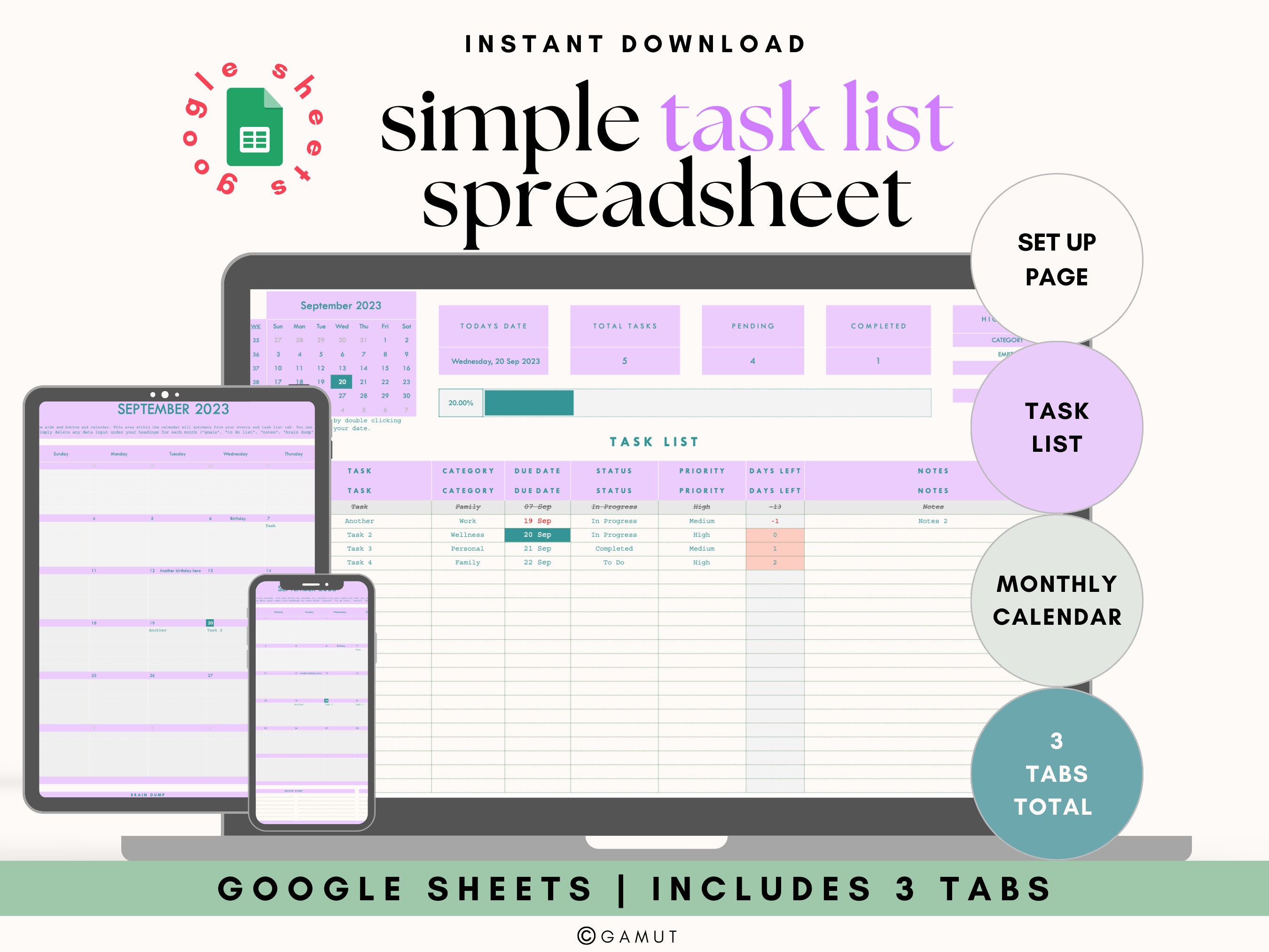 Task List Tracker Planner Template Simple Google Sheets Spreadsheet ...