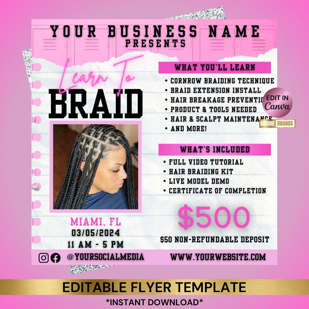 Braid Class Flyer Template, Hair Braiding Masterclass (digital Download ...