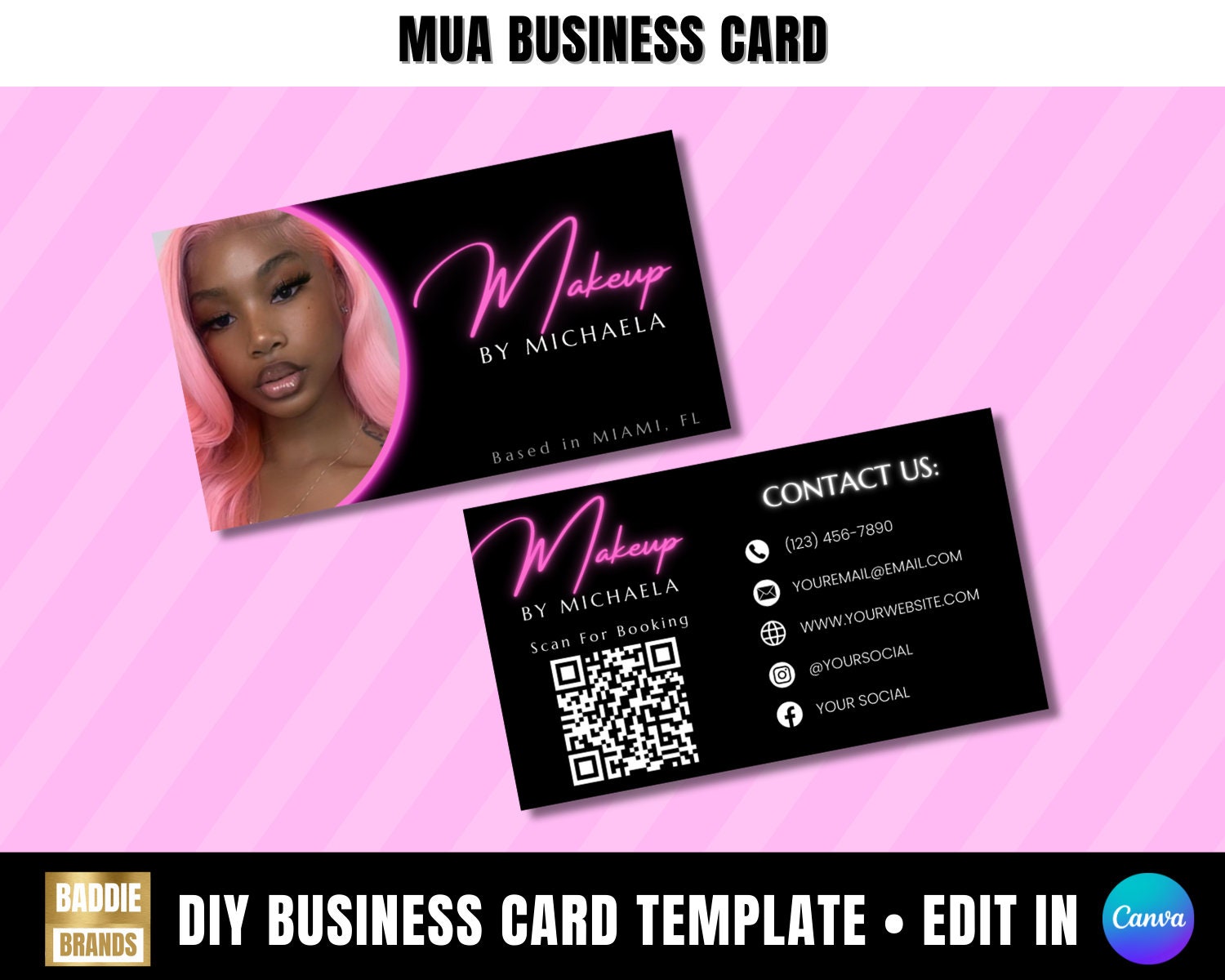 Makeup Artist Business Card Template: Pink & Black QR Code (DIY Canva ...