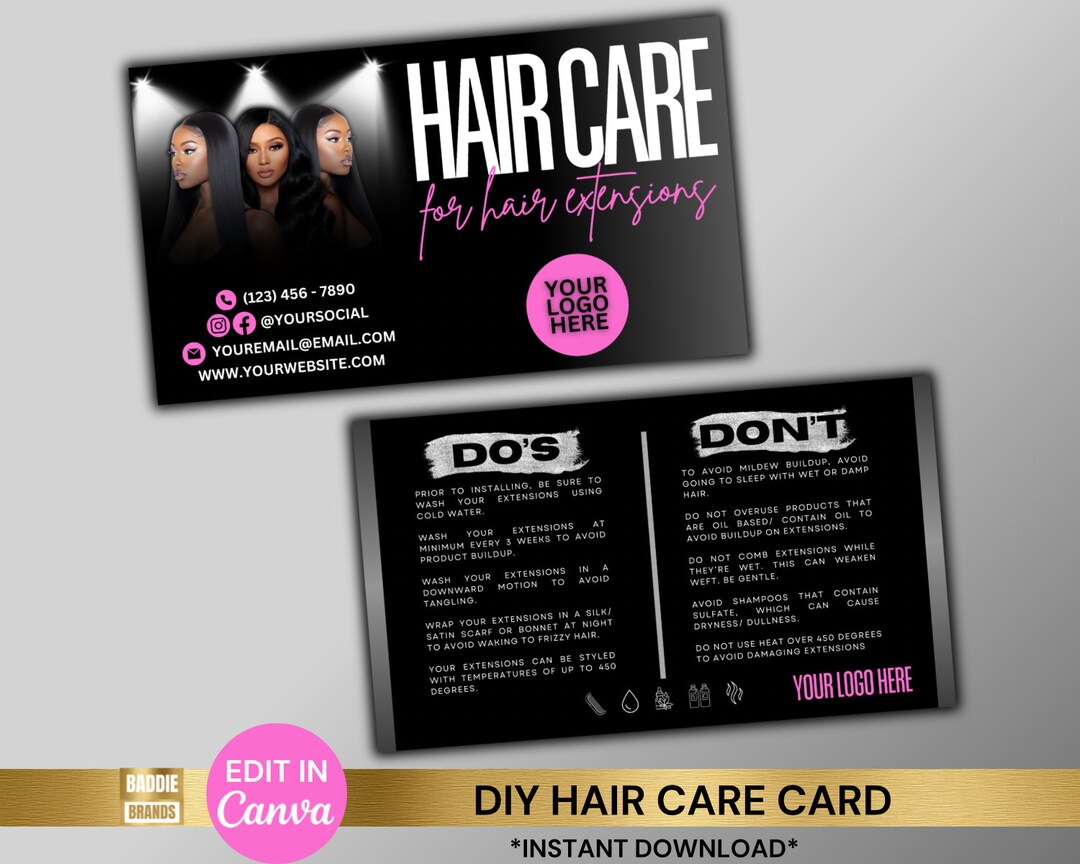 Hair Care Card Template, Hair Extension Care, Hair Bundles Guide ...