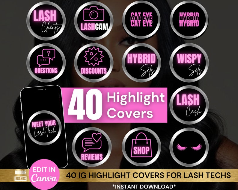 Lash Tech Instagram Highlight Covers: Pink Silver Icons (digital ...