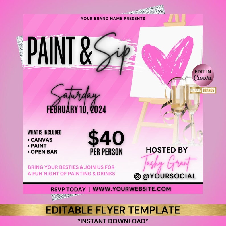 Paint and Sip Party Flyer, Ladies Night, Canva Template (digital ...